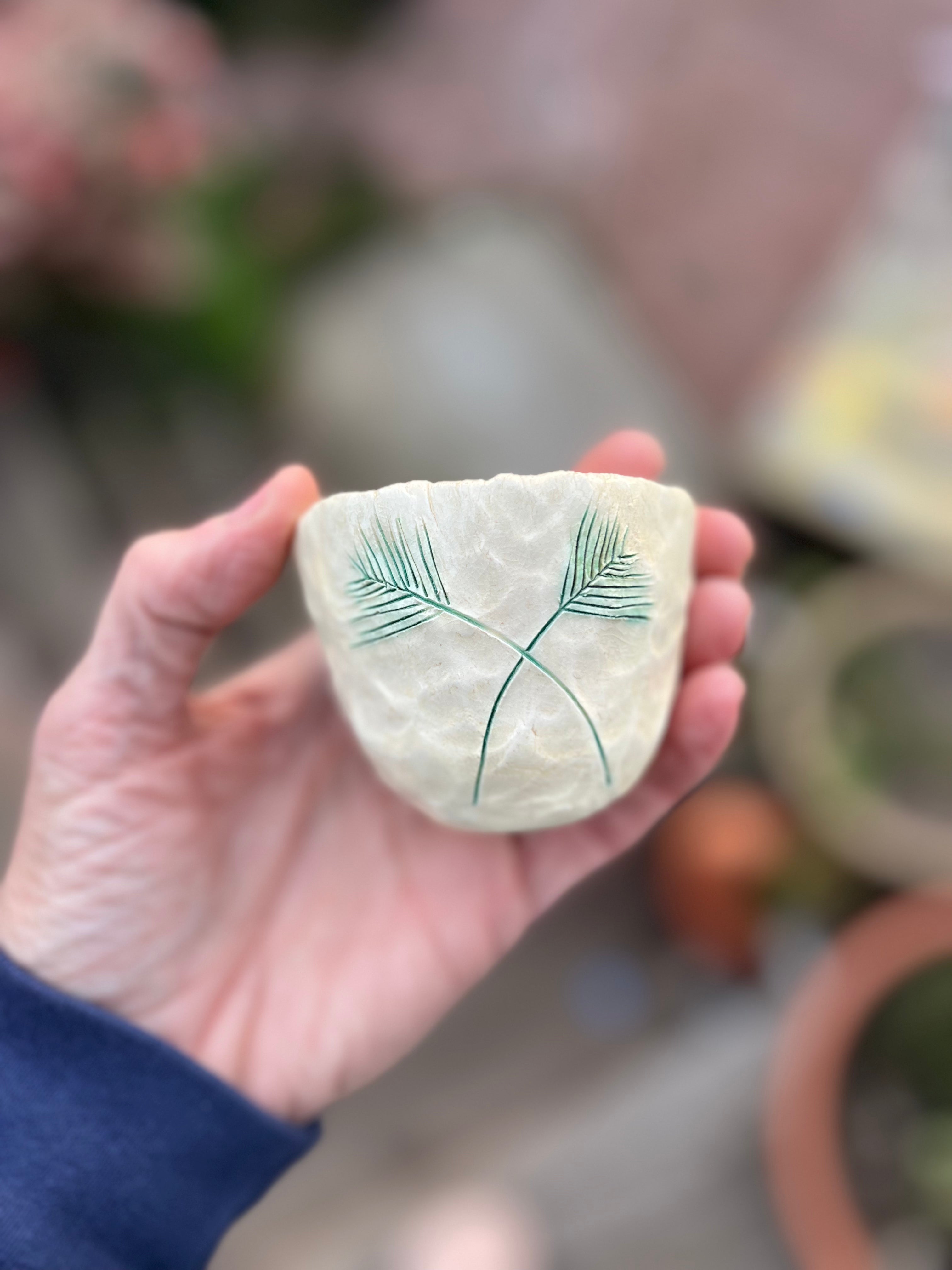 palm leaves sgraffito cup/bowl samples/seconds/sale piece – jenifer lake